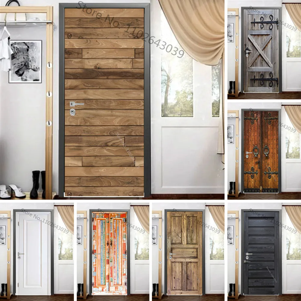 Self-Adhesive Door Stickers Wood Grain DIY Retro Wooden Doors Sticker ...