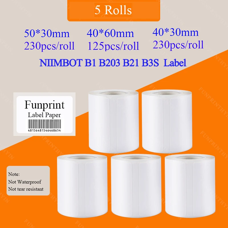 5Rolls-NIIMBOT-B1-B203-B21-B3S-Label-Paper-Clothing-Price-Tags-Non ...