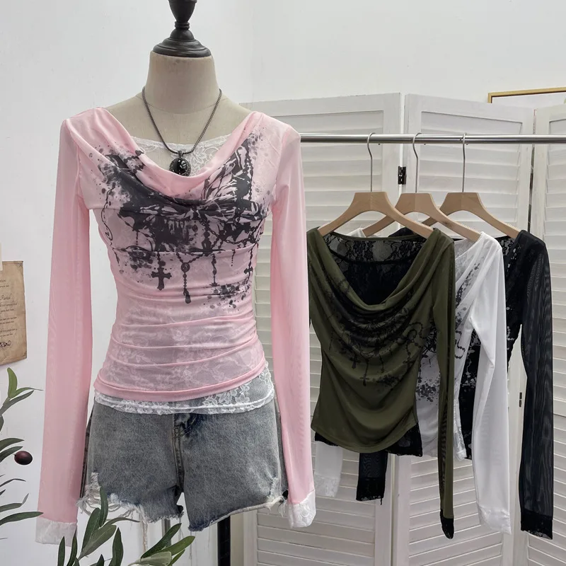 Women Casual Lace Splicing Mesh Long-sleeved T-shirt Retro Print ...