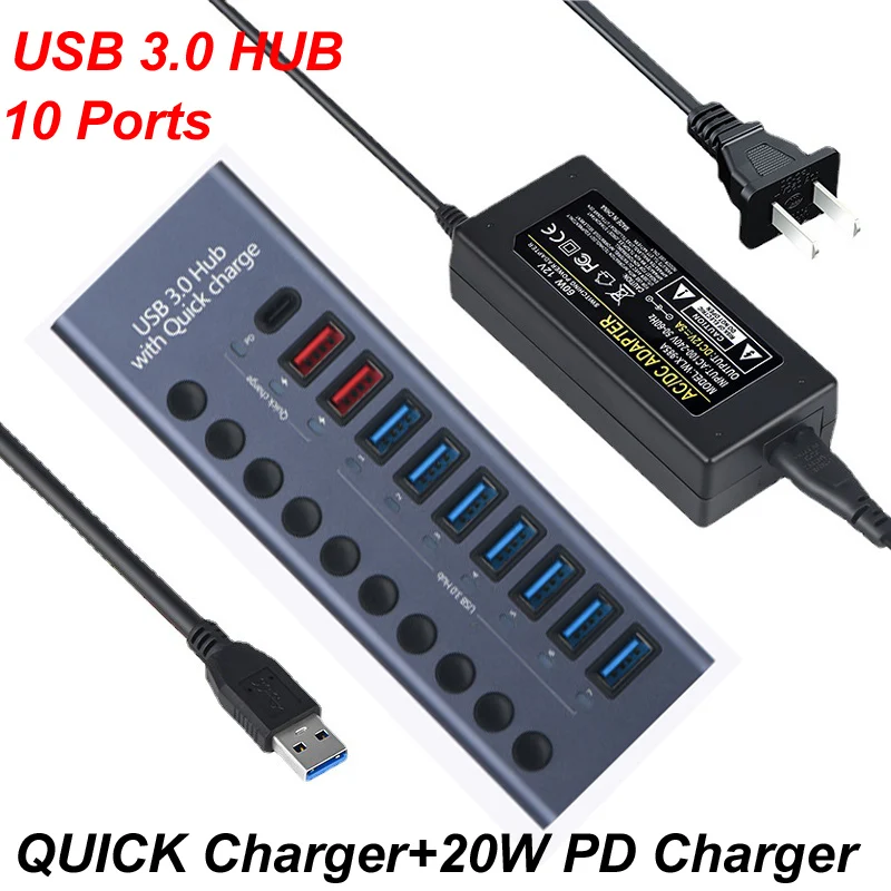 10 PORTS USB 3.0 Hub+PD 20W Charger+QUICK QC 3.0 Charger Speed Splitter ...