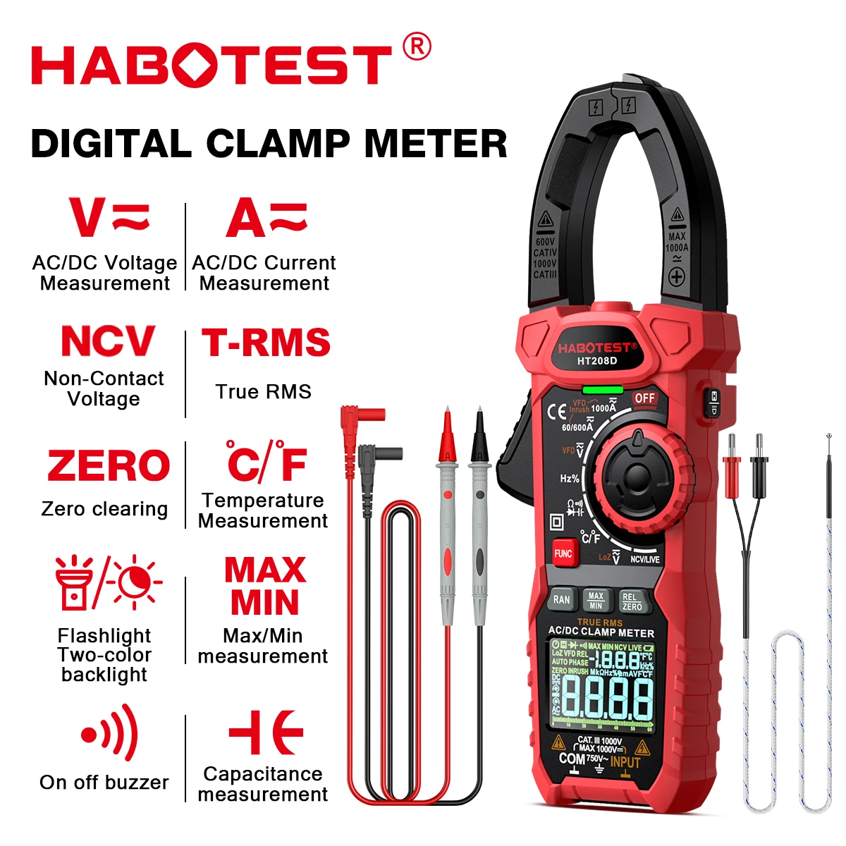 HABOTEST-HT208-Digital-Clamp-Meter-1000A-1000V-Multimeter-AC-DC-True ...
