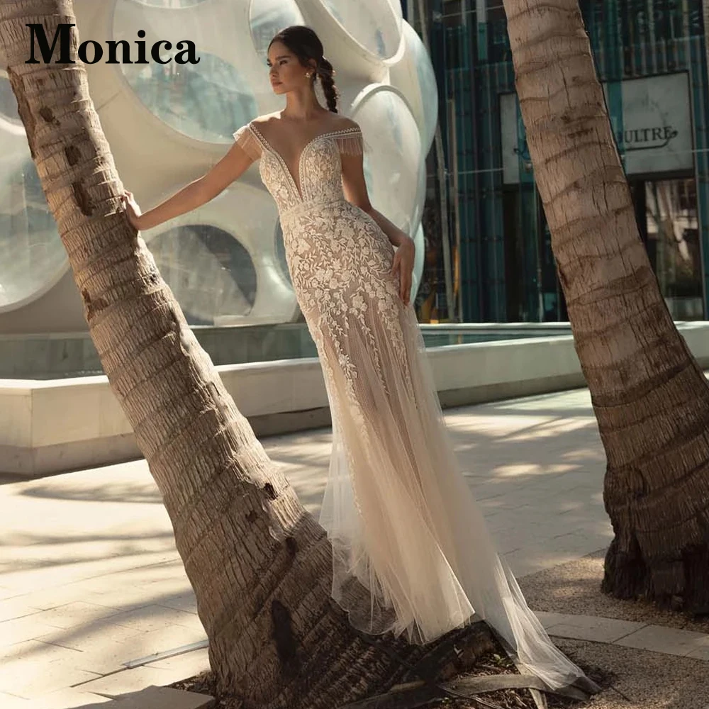 MONICA-Exquisite-Mermaid-Deep-V-Neck-Wedding-Dresses-Cap-Sleeve-Button ...