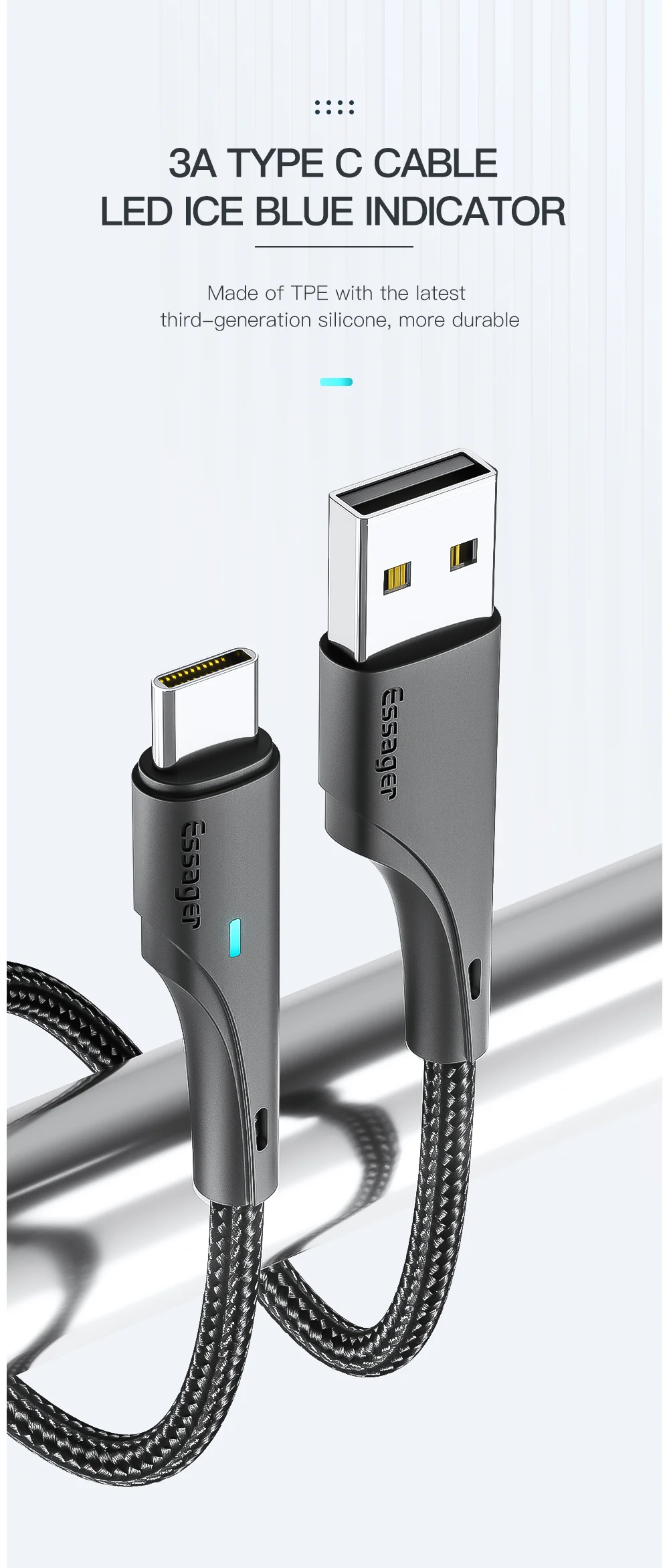 Taille noire 3m câble USB Type C 3A pour recharge rapide et transfert de données, cordon de ...