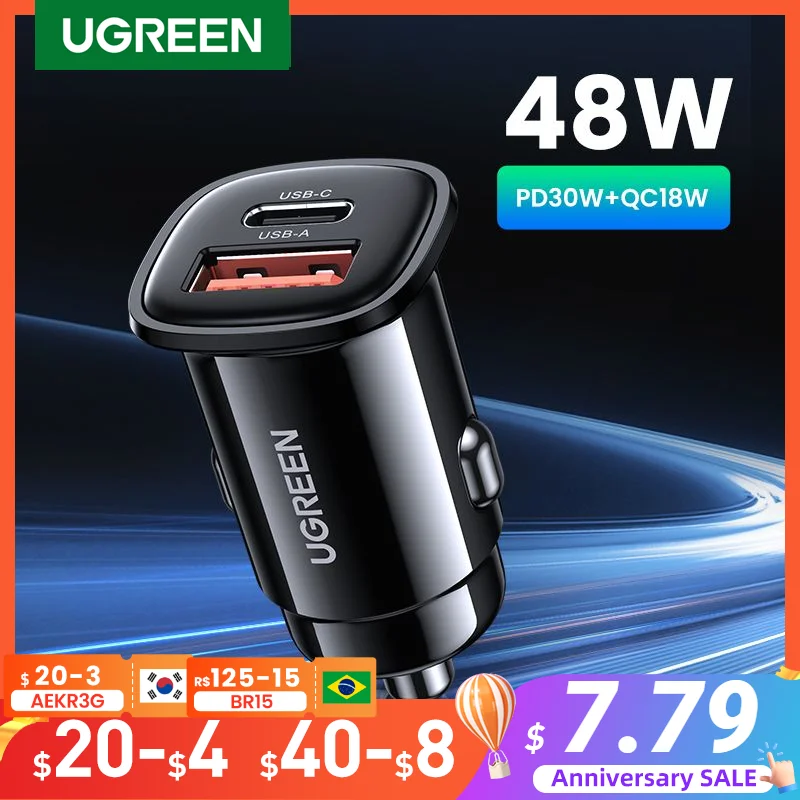 Ugreen usb carregador de carro 30w carga rápida 4.0 qc4.0 qc3.0 pd tipo c rápido carregador de ...