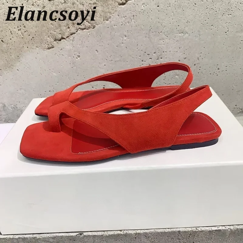 Summer Split Toe Flat Sandals Women's Flip-Flops Suede Solid Color Back ...