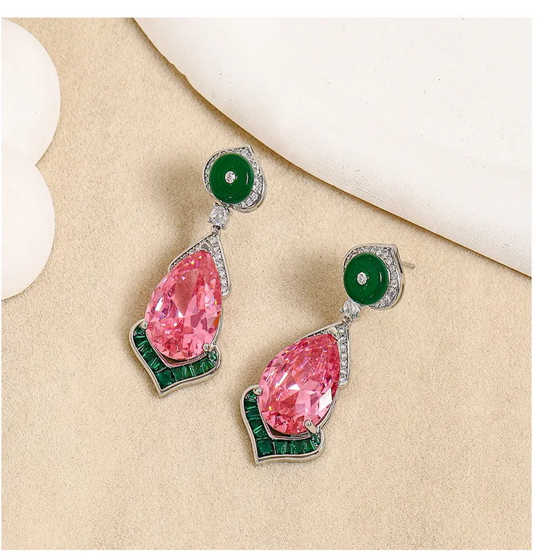 Europe-America-Designer-Luxury-Women-Lady-Inlay-Pink-Green-Drop-shaped ...