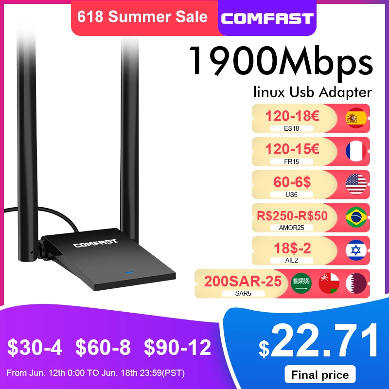 Adaptador WiFi inalámbrico RTL8814AU 802.11AC 1900Mbps USB3.0, antena 2x6dBi para Win7/8/10/11 ...