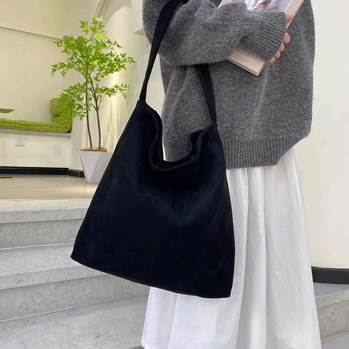 Ladies Casual Retro Suede Shoulder Tote Bag with Soft Velvet Surface ...