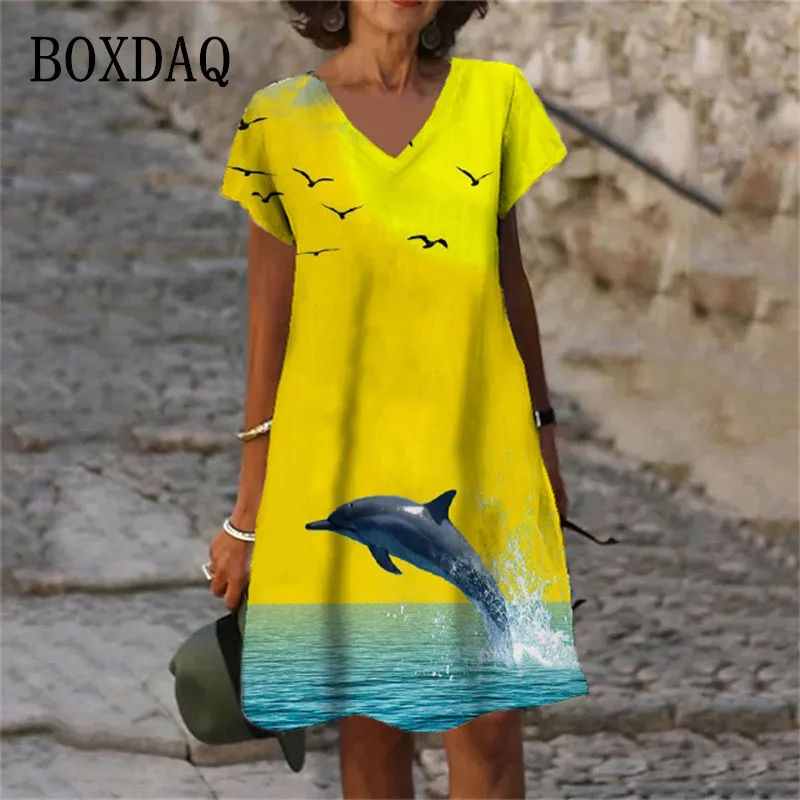Ocean-Marine-Whale-and-Birds-Scenery-3D-Print-Women-Dress-Casual-V-Neck ...