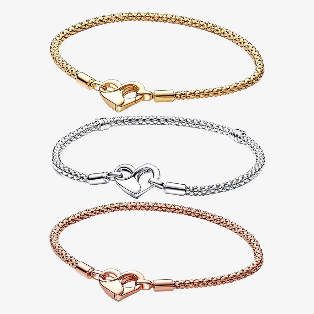 Pandora-S925-Silver-Classic-Heart-Studded-Chain-Bracelet-Simple-Fashion ...