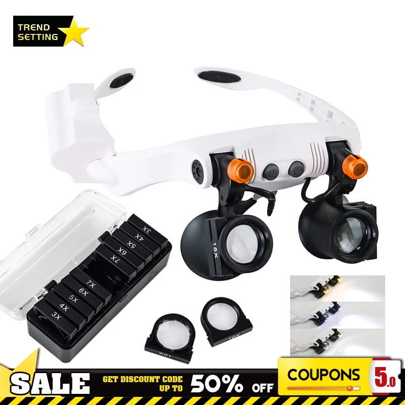 Lupa com 2 luzes led 7 pçs lupa óculos acrílico lupa microscópio ...