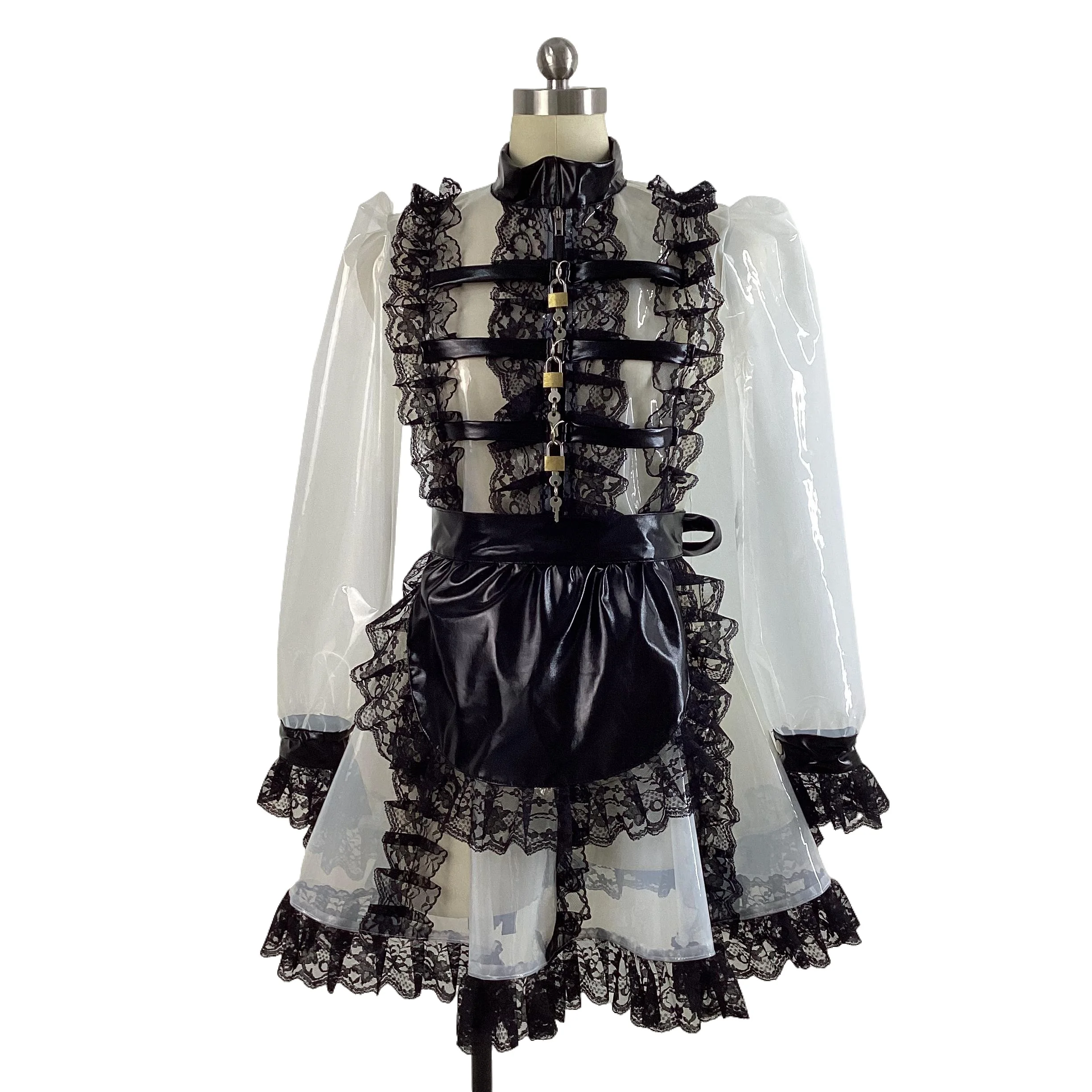 Lockable-High-Collar-Sexy-Clear-PVC-with-Black-Lace-Frills-Long-Sleeve ...