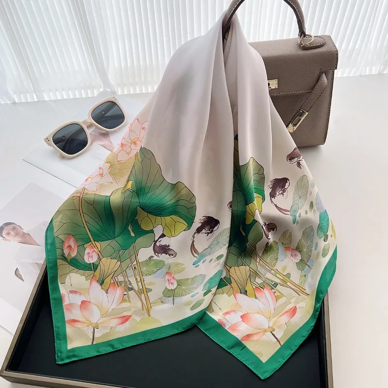 70cm Chinese Style Lotus Printed Scarf Women's Simulated Silk Plant ...