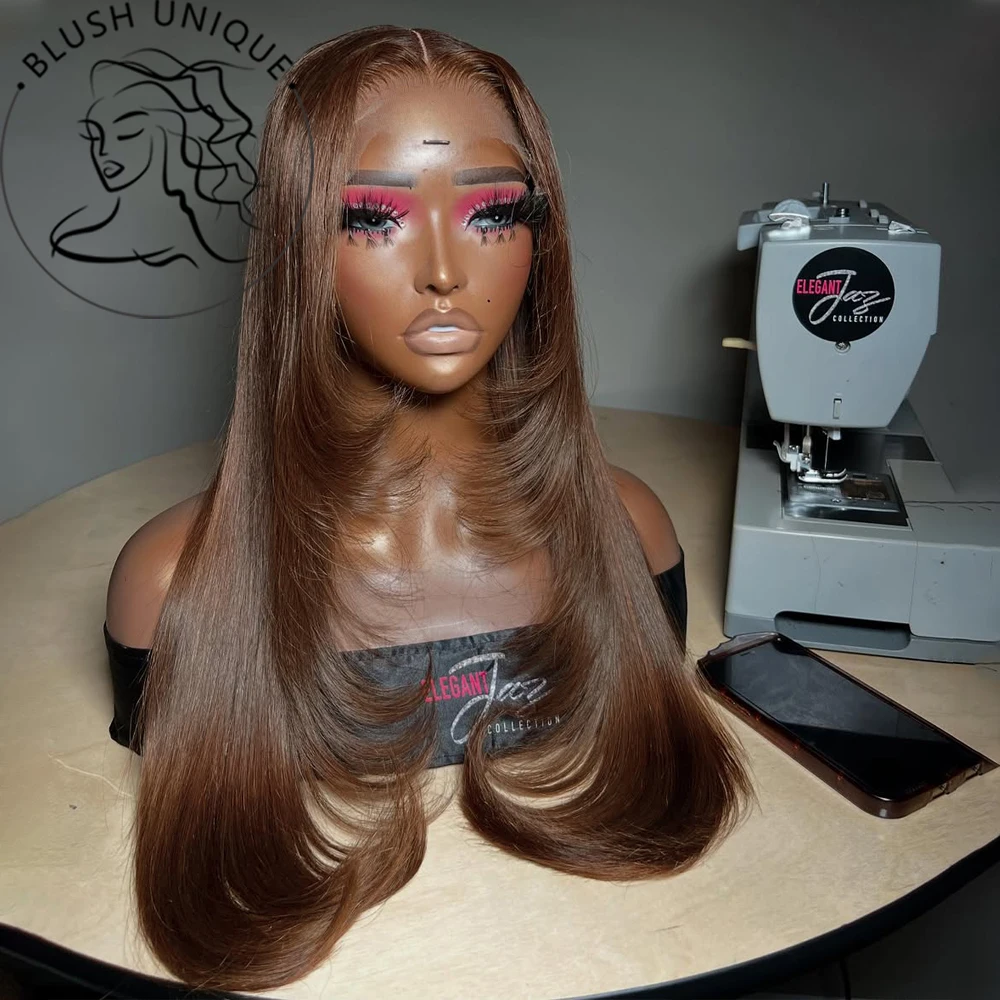Perruque Lace Front Wig synthétique sans colle, coupe superposée marron ...