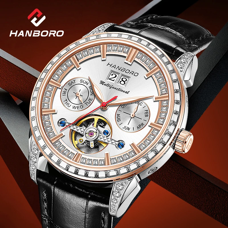 HANBORO Square Men's Fully Automatic Mechanical Watch Multi functional ...