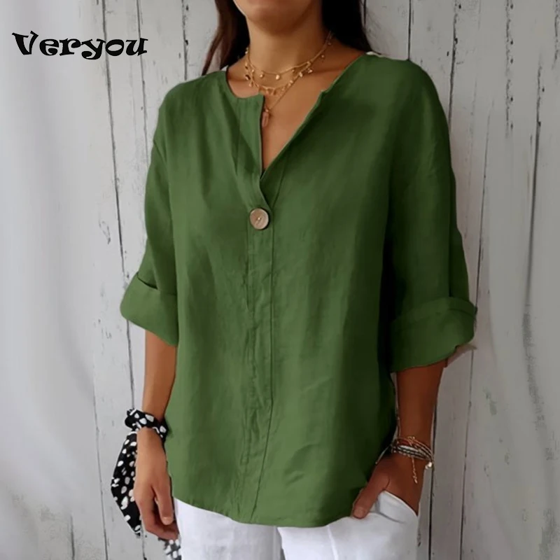 Spring-Summer-3-4-Sleeve-Blouses-Women-Casual-V-Neck-Shirt-Solid-Loose ...