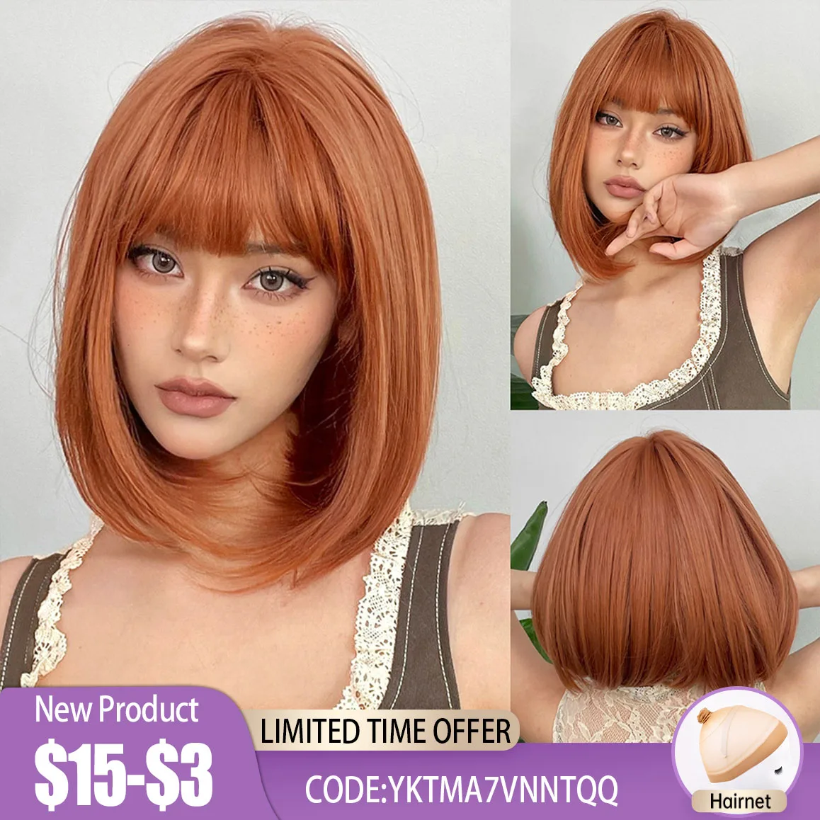Henry Margu Short Bob Wig With Bangs Copper Ginger Synthetic Wigs For