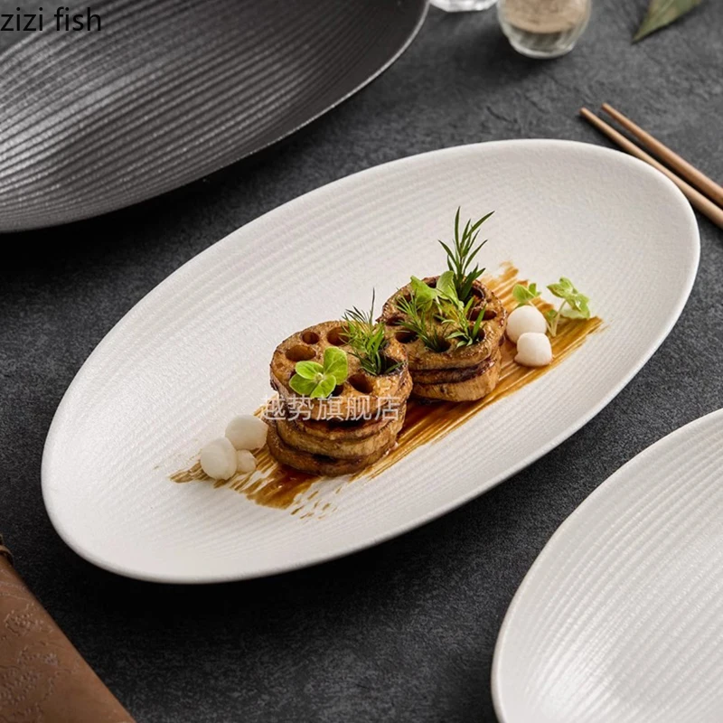 Matte Striped Ceramic Plate Oval Fish Plate Dessert Dish Fruit Salad ...