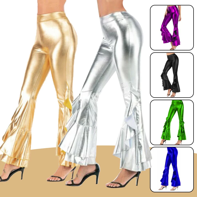 Womens-Shinny-Metallic-Elastic-Mid-Waist-Stretchy-Bell-Bottom-Flared ...