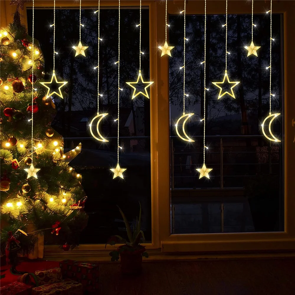 138-LEDs-Curtain-Lights-Christmas-Moon-Star-Window-Fairy-String-Lights ...