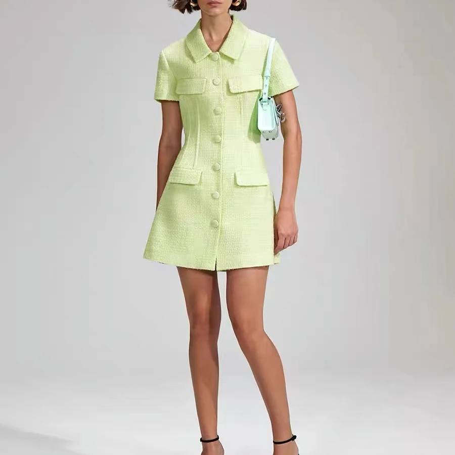 Women-s-back-hollow-tweed-dress-Single-Breasted-short-sleeve ...