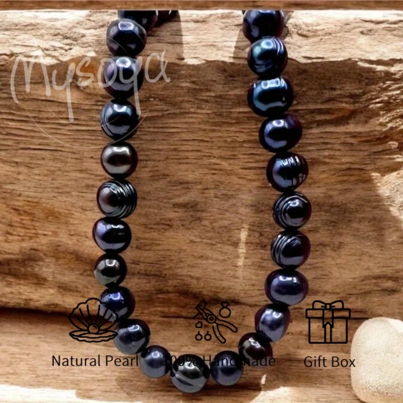 MYSOYA 6-7mm Natural Black Freshwater Pearl Necklace For Women And Men ...