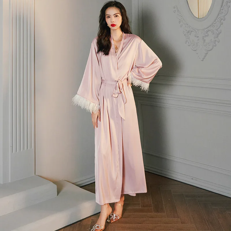 Bride Bridesmaid Wedding Robe Nightgown Feather Women Long Kimono ...