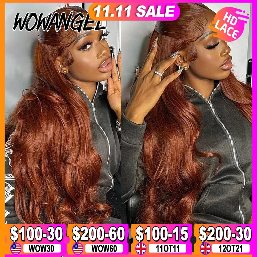 WOWANGEL Reddish Brown Colored WIg 13x6 HD Lace Frontal Wig Body Wave Wigs 250% Lace Front Human ...