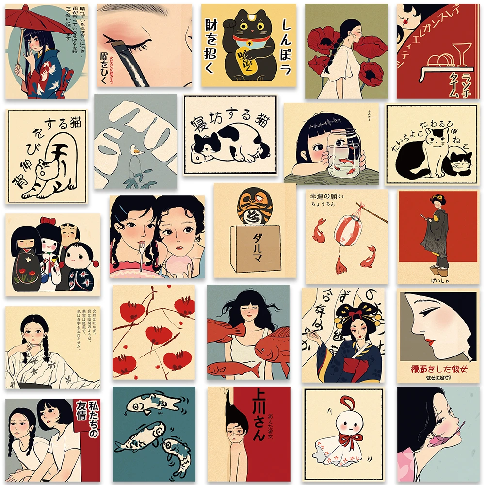 Japanese Retro Sticker Set - 50pcs Cartoon & Culture