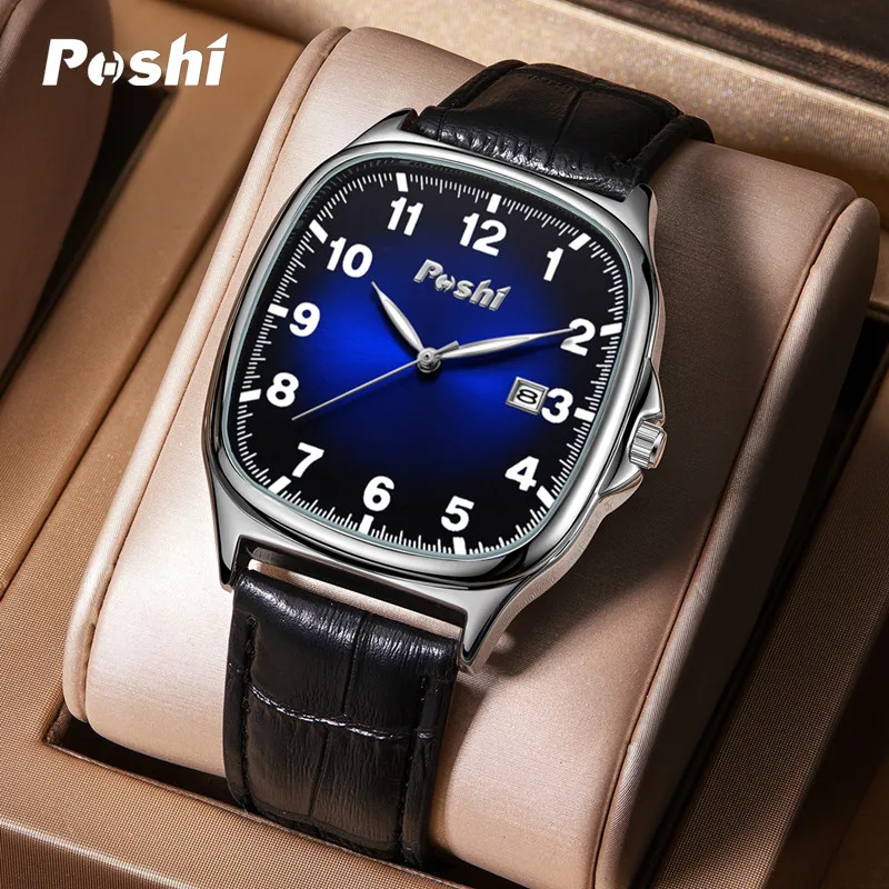 POSHI Men Watch Fashion Leather Strap Quartz Watches Waterproof ...