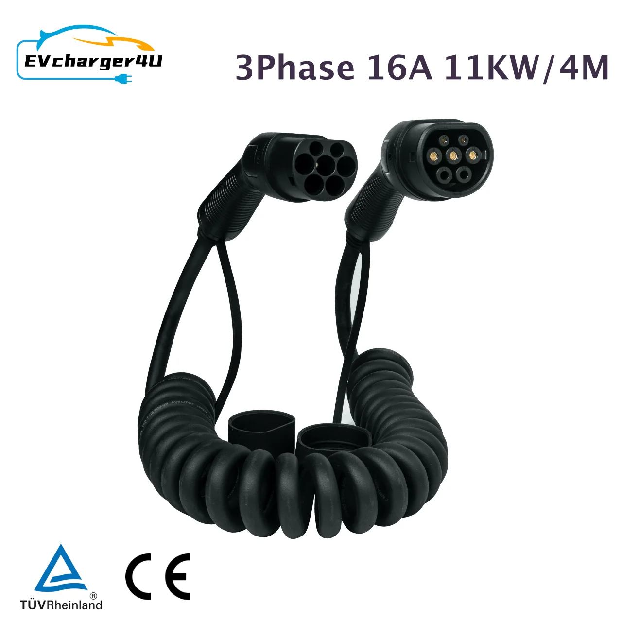 EVcharger4U Type 2 EV Charging Cable Spiral 4M 1Phase/32A 7KW 3Phase ...