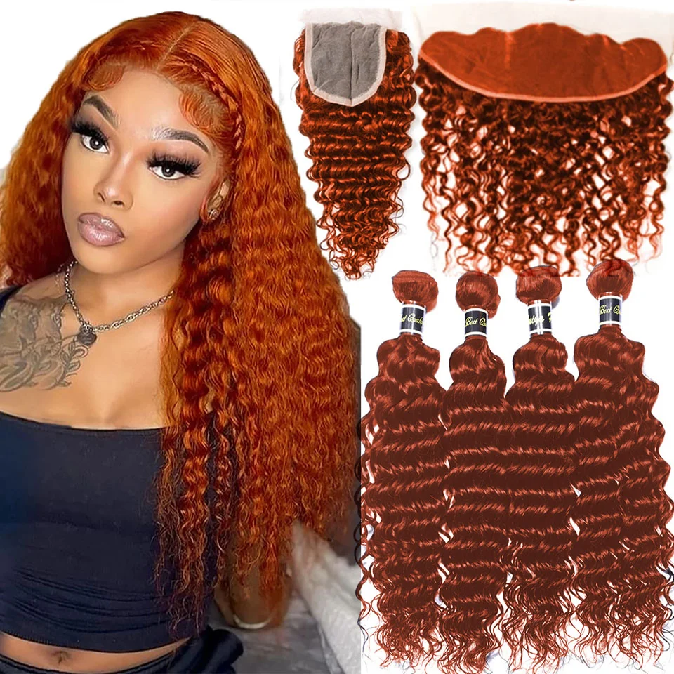 #350 Orange Ginger Deep Wave Colored Bundles With Closure Transparent ...