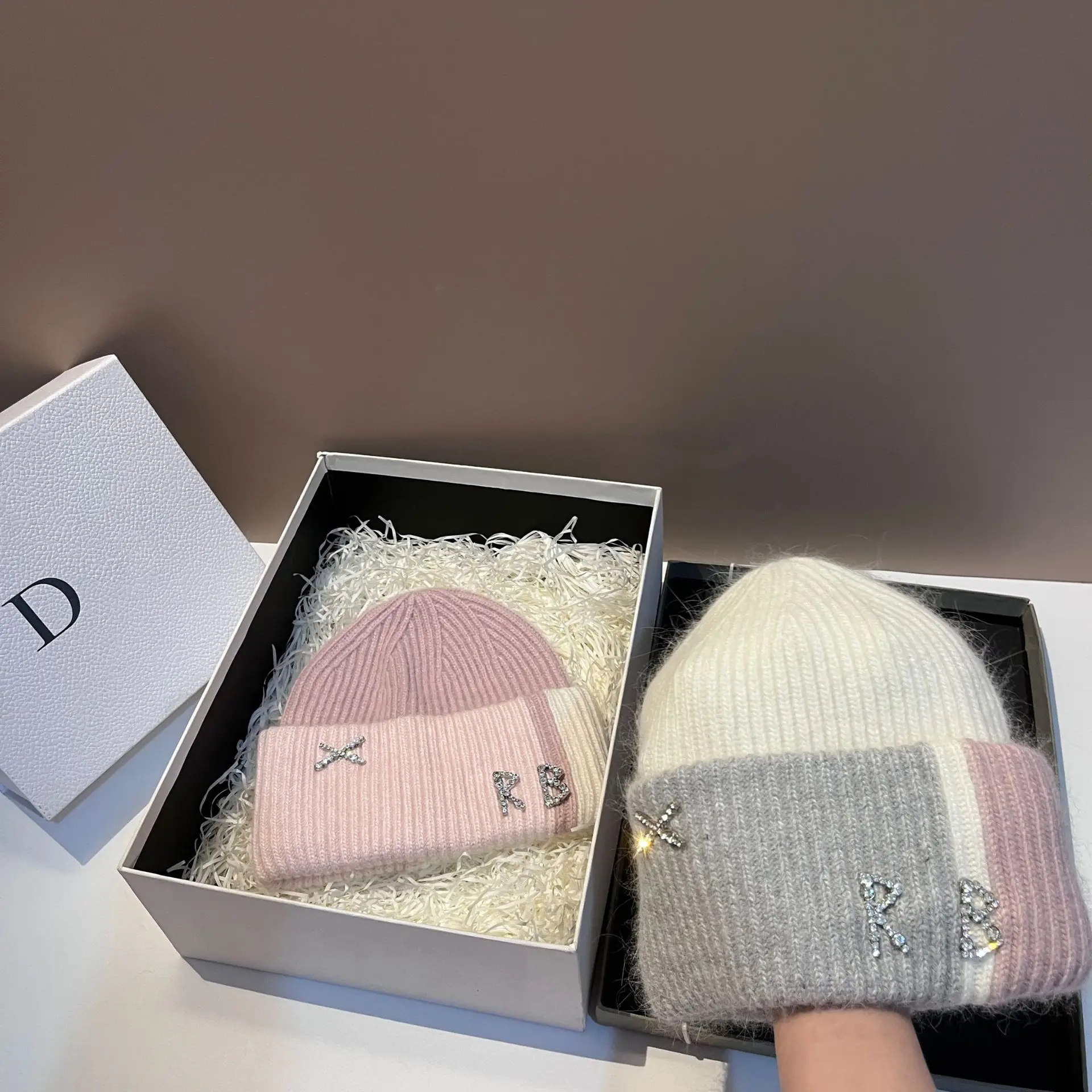 Real Rabbit Fur Diamonds Letter RB Beanies for Women Winter Warm ...
