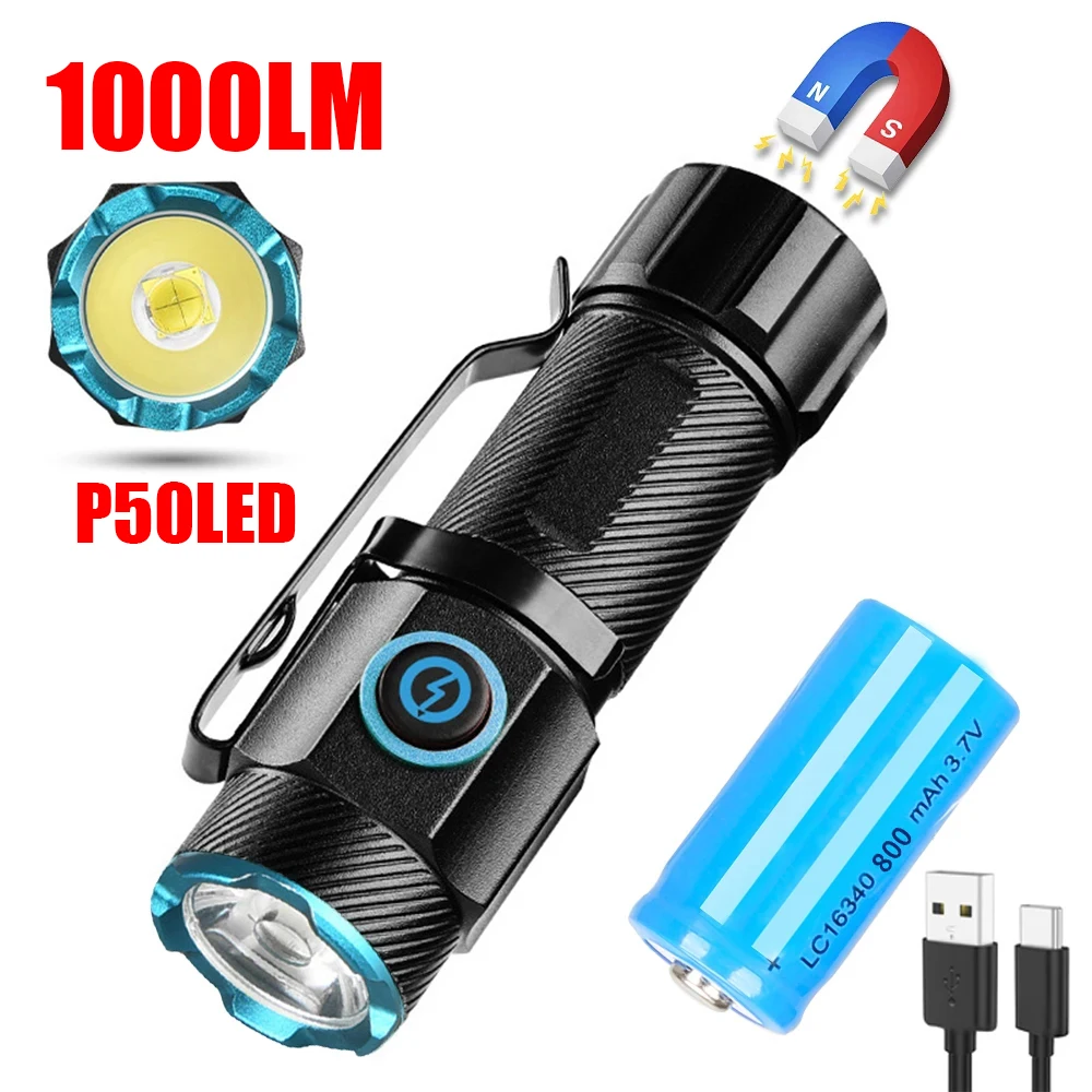 Ultra-Bright-Mini-P50-LED-Flashlight-Outdoor-Hat-Clip-Torch-USB-C ...