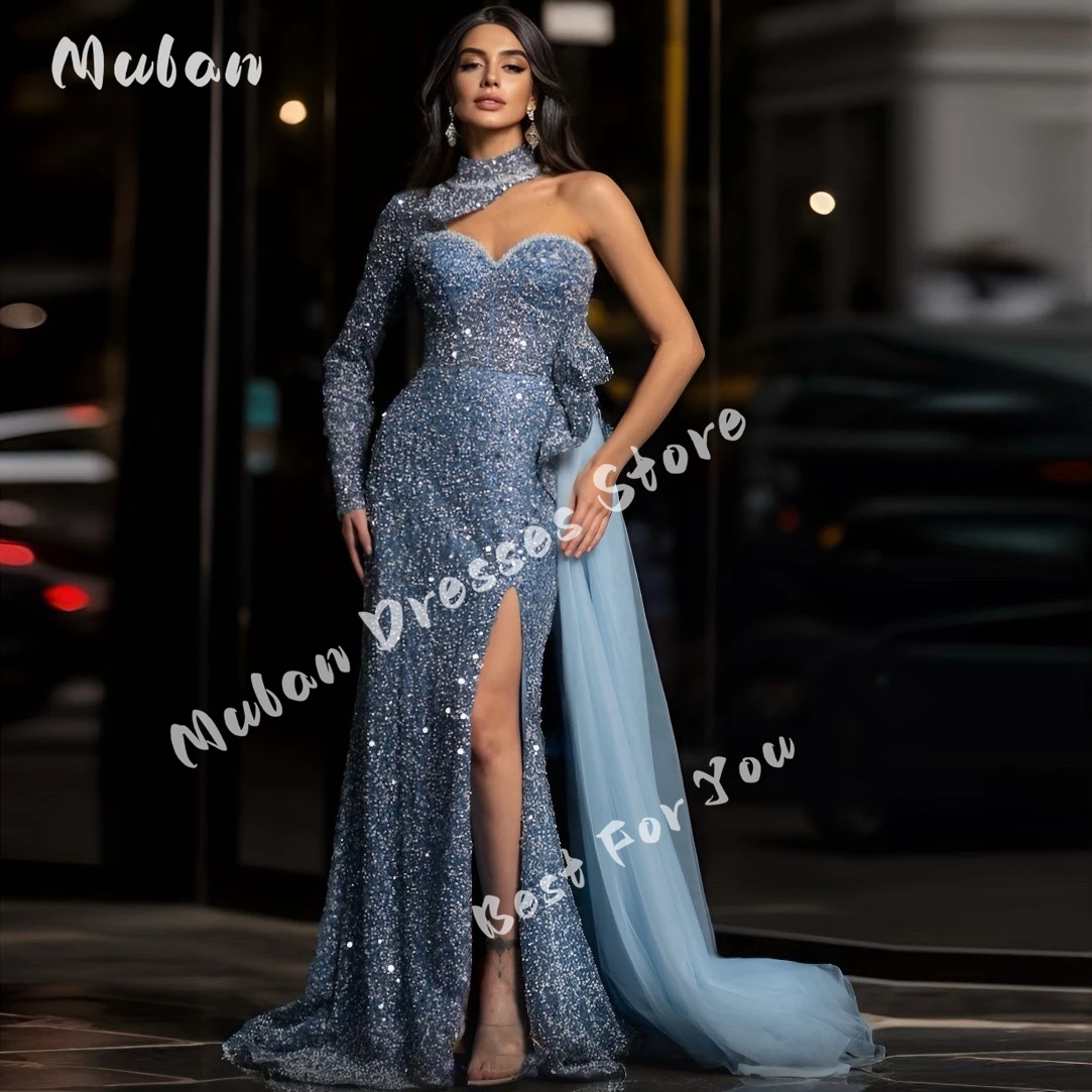 Halter-One-shoulder-Shiny-Luxury-Evening-Dresses-2024-Side-Train ...