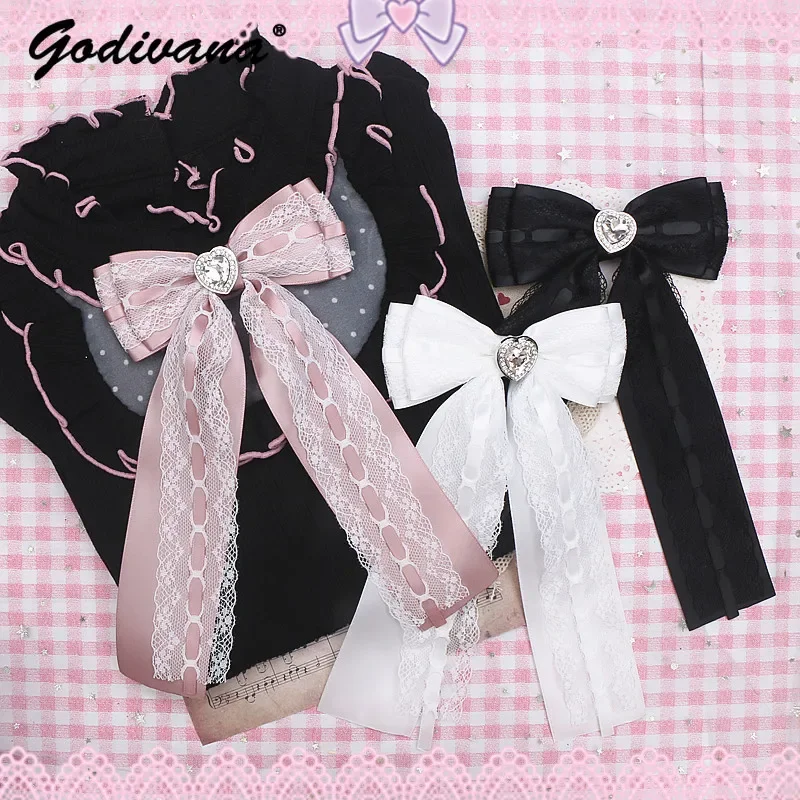 Handmade Japanese Bow Brooch for Women Sweet Heart Shape Rhinestone ...
