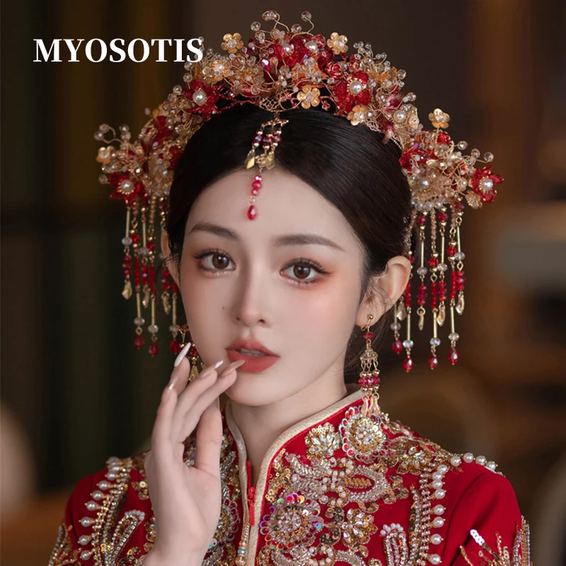 Chinese-Wedding-Bride-Crown-Handmade-Red-Flower-Wedding-Tiara-Queen ...