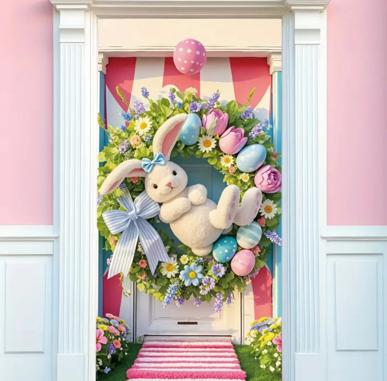 Happy Easter Theme Background Spring Door Cover Bunny Flower Eggs Cute ...