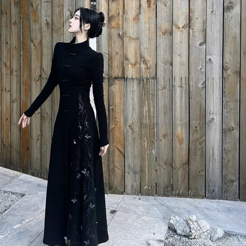 Elegant-Women-Dress-Black-Gothic-Chinese-Style-Cheongsam-Long-Sleeve ...