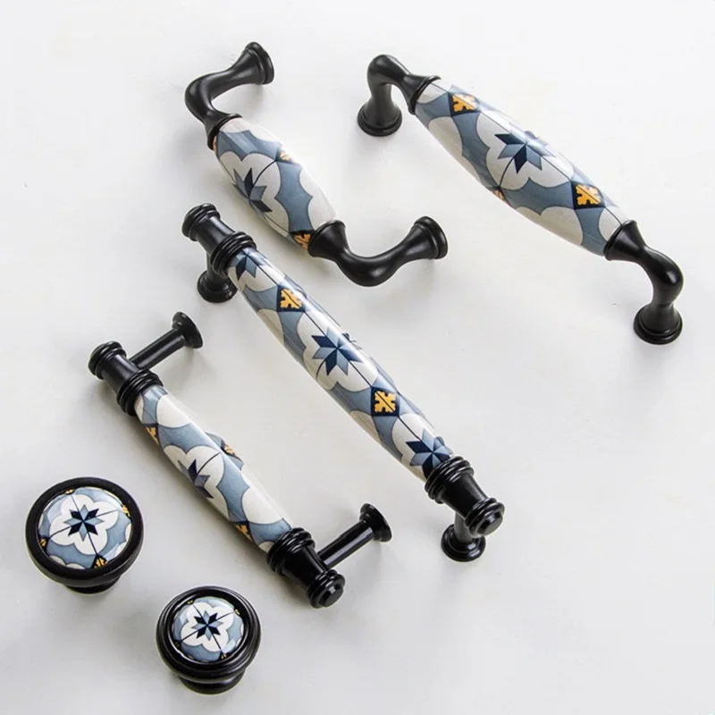 Blue Flower / Ceramic Door Handles And Knobs Nordic Furniture Handles ...