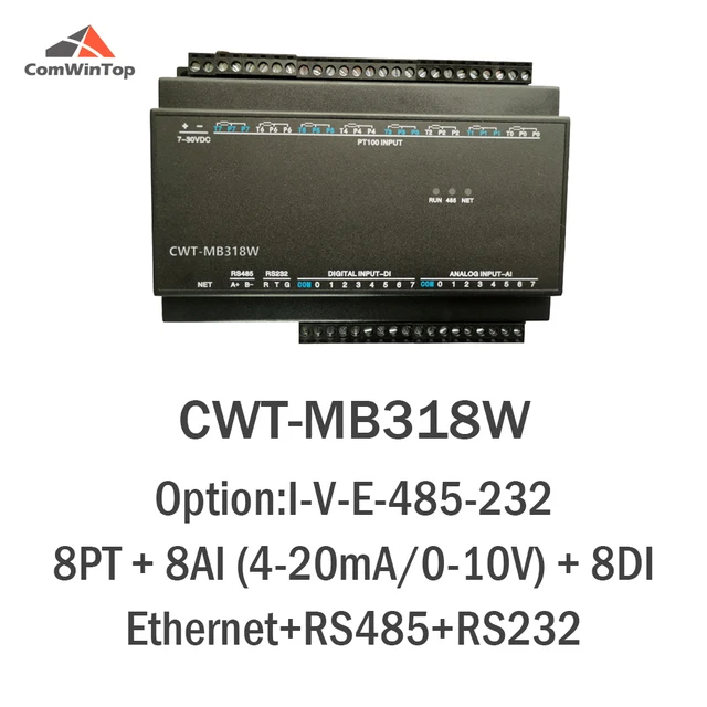 CWT-MB318W 8PT + 8AI + 8DI RS485 RS232 Ethernet Modbus Rtu Tcp Io módulo de adquisición