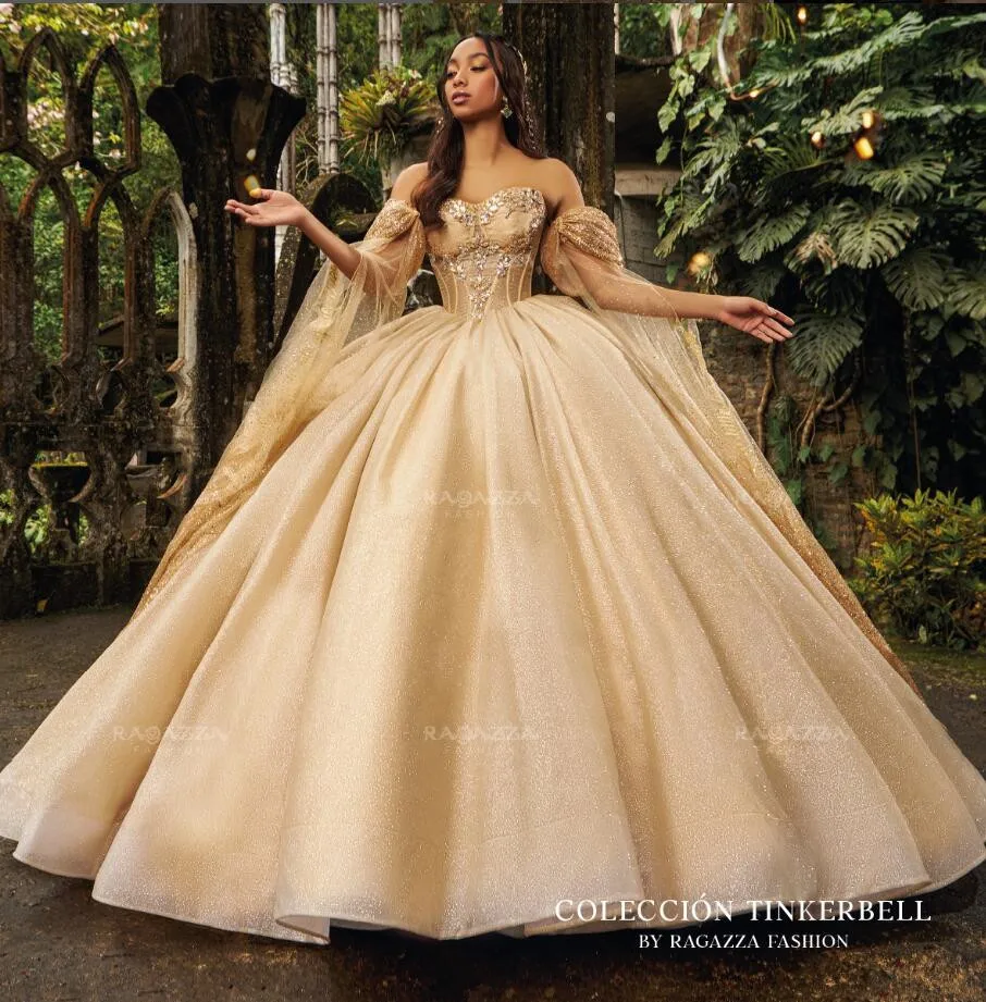 Champagne-Gold-Gillter-Princess-Quinceanera-Dress-with-Fairy-Sleeve ...