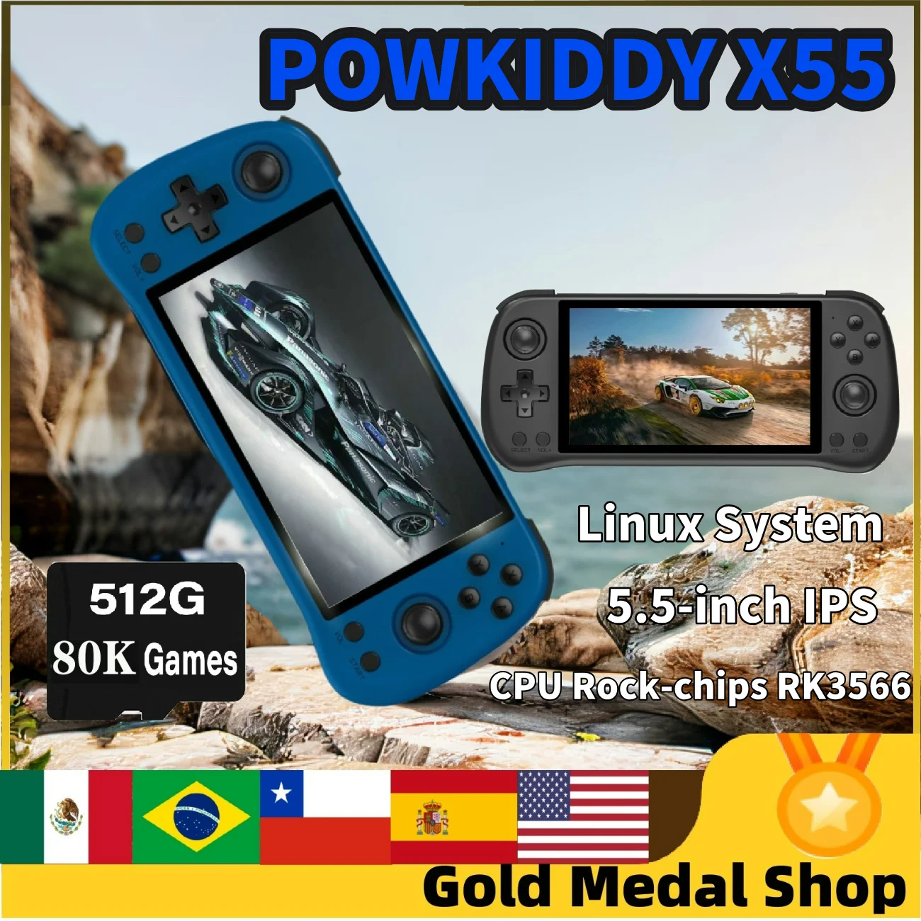 POWKIDDY X55 Handheld Game Console 5.5 INCH IPS Screen RK3566 Handheld ...
