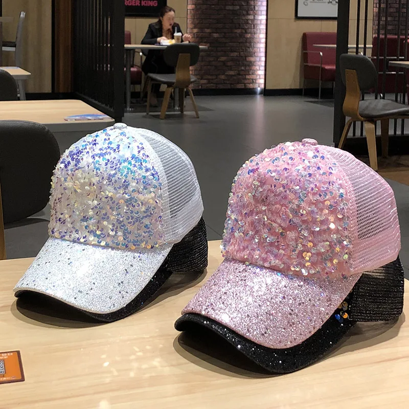 Shiny Sequin Baseball Cap For Women Summer Breathable Mesh Sun Hat ...