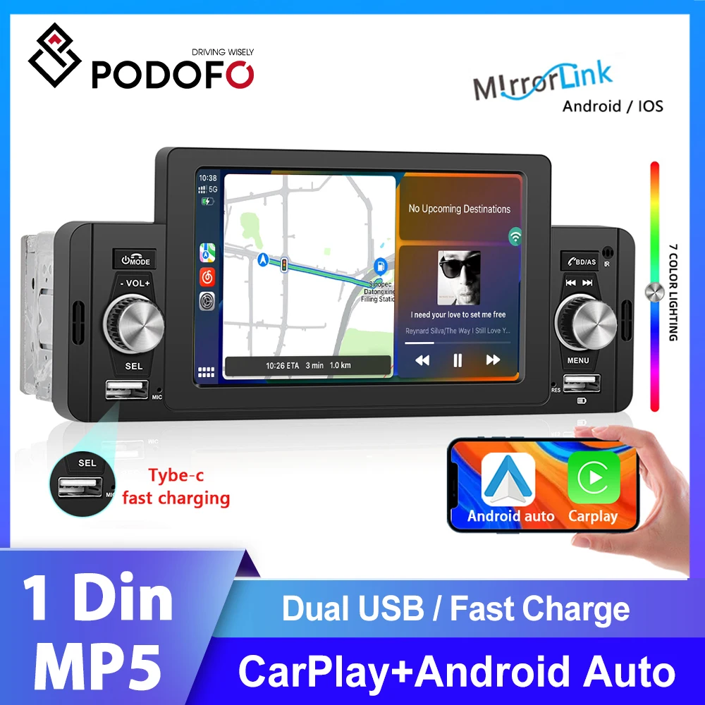 Podofo Car Radio 1 Din Carplay Android Auto Multimedia Player Bluetooth ...