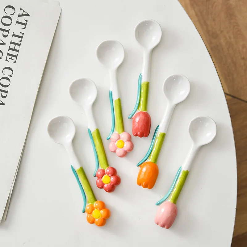 Tulip Ceramic Spoon Hand Painted Flower Long Handle Stirring Spoon ...