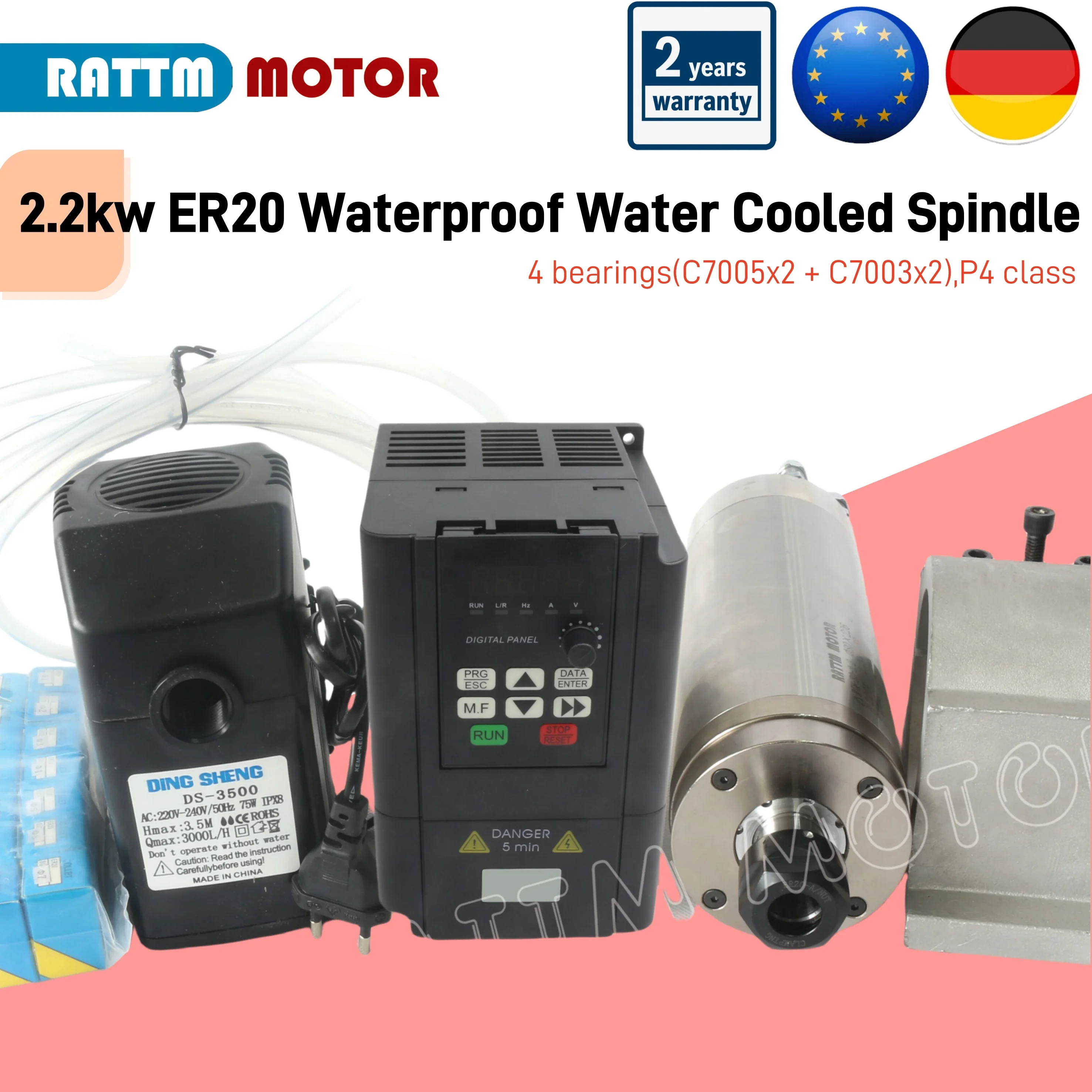 【DE Stock】2.2kw ER20 Waterproof Water Cooled Spindle Motor & Inverter ...