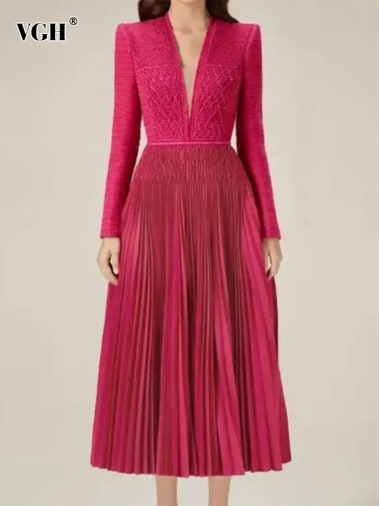 VGH-solide-patchwork-pli-l-gant-robe-pour-les-femmes-v-cou-manches ...