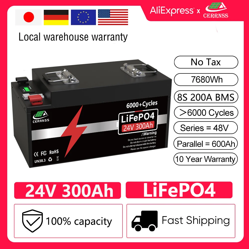 LiFePO4 24V 300Ah Lithium Battery Pack 200Ah 5KW 6000+ Cycles Grade A ...