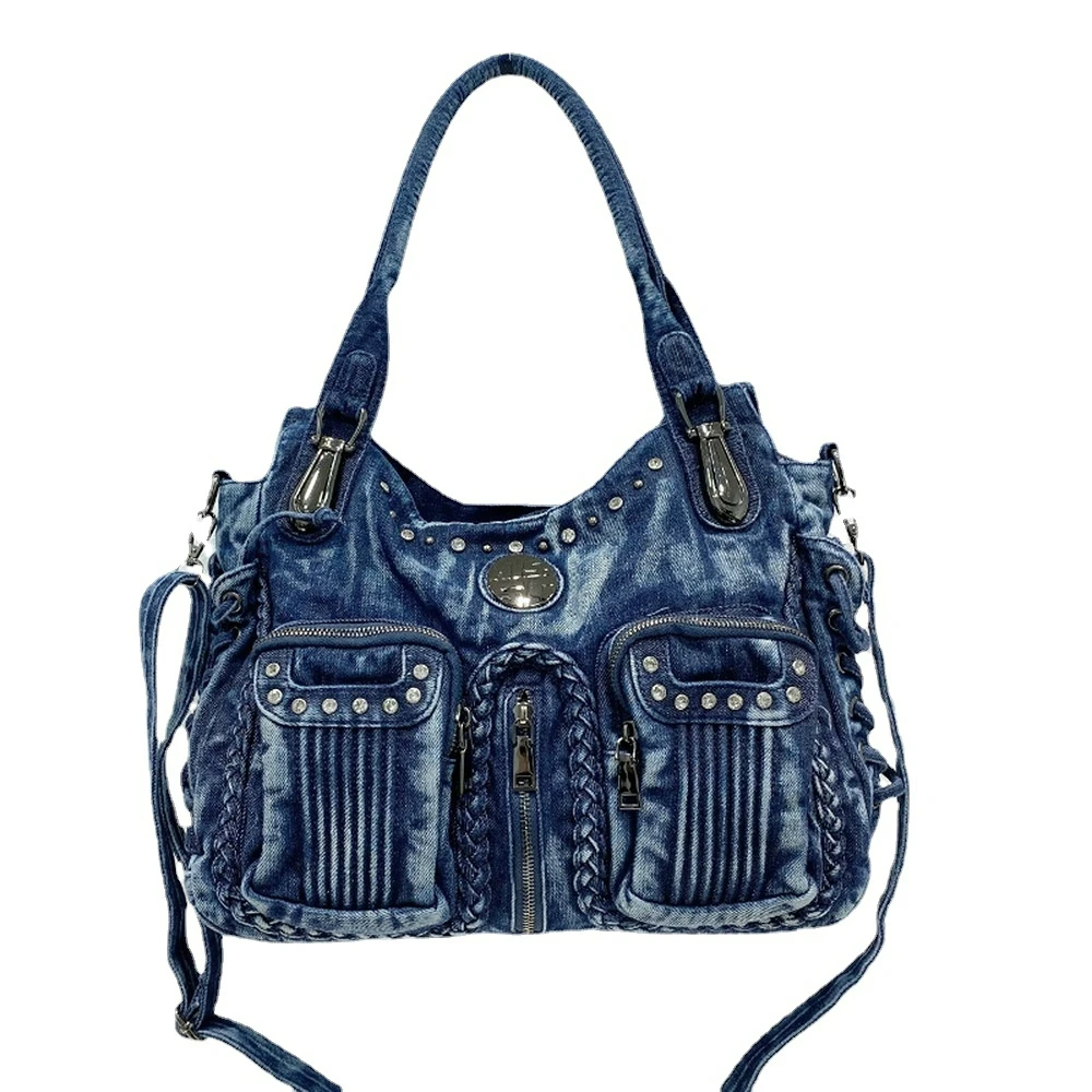 New in Retro Denim Women Shoulder Bag Rivet Weave Jeans Handbag Large ...